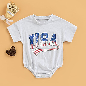 Twopumpkin Toddler Baby 4th of July Outfit Boy Girl Oversized Romper/Shirts+Shorts Retro American Flag Matching Clothes (A USA Romper Gray,12-18 Months)
