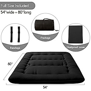 MAXYOYO Japanese Floor Mattress Futon Mattress, 4" Thicken Tatami Mat Sleeping Pad Foldable Roll Up Mattress Boys Girls Dormitory Mattress Pad Kids Floor Lounger Pillow Bed, Black, Full