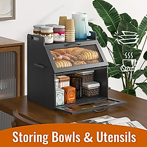 Bread Box, Bread Box for Kitchen Countertop, Large Bread Storage Container for Homemade Bread, Wooden Farmhouse Breadbox Organizers, Double Layer Bread Bin with Acrylic Window Bread Holder,Black