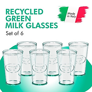 Amici Home Milk Glass | 11 Oz | Italian Made, Clear Recycled Glass with Green Tint | Cute Glass with Cow Motif for Milk, Water, Juice, Cocktails, Fresh Drinks (Set of 6)