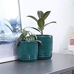 POTEY 053205 Ceramic Planter Pots - Glazed Modern Planters Flower Pot Indoor Bonsai Container with Drainage Holes & Saucer for Plants Aloe(5.1 + 4.2 Inch, Shiny Green, Set of 2, Plants Not Included)
