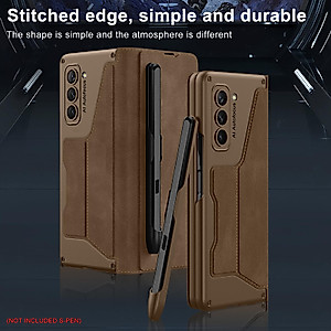 DEMCERT for Samsung Galaxy Z Fold 5 Case with [Fold5 Edition S-Pen Slot], Military Armor Cases Full Body Protective Anti-Scratch Hard Slim Leather Bracket Case with Screen Protector (Brown)