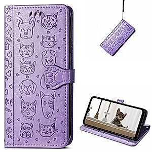 CCSmall for Oppo A17 PU Leather Flip Wallet Case, Cute Cat Dog Cartoon Style with Card Slots Holder Phone Cover Case for Oppo A17 MG Purple
