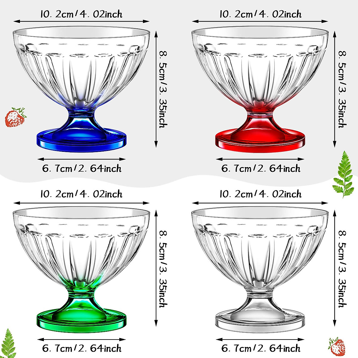 4 Pcs Ice Cream Bowls 8.5 oz Colorful Clear Acrylic Dessert Bowls Dessert Cups Footed Cute Plastic Trifle Bowl for Serving Sundae Salad Ice Cream Cocktail Condiment Fruit Snack Holiday Party