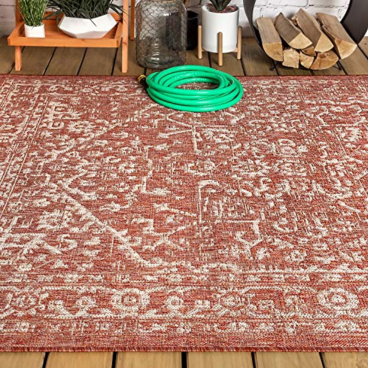 JONATHAN Y SMB104A-4 Malta Bohemian Medallion Textured Weave Indoor Outdoor Area Rug, Coastal, Traditional, Transitional Easy Cleaning,Bedroom,Kitchen,Backyard,Patio,Non Shedding, Red/Taupe, 4 X 6