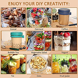AYGXU 6PCS Overnight Oats Containers with Lids and Spoon,14 oz Wide Mouth Mason Jars for Overnight Oats, Glass Food Storage Containers for Salads Yogurt Cereal Milk On The Go（with Recipe Book）