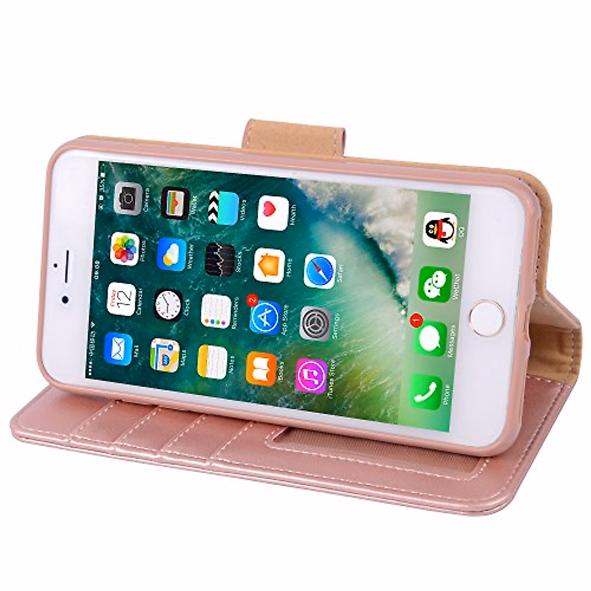 Arae Compatible with iPhone Case Wallet Flip Cover with Card Holder and Wrist Strap for iPhone (iPhone 7 Plus/8 Plus (5.5"), Rose Gold)