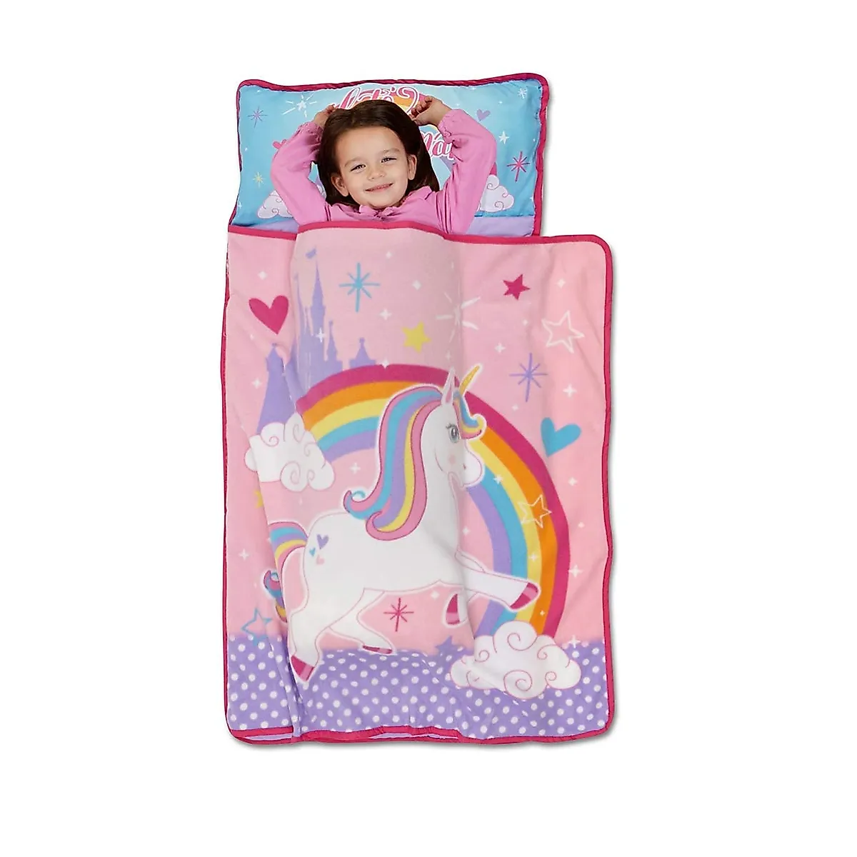ECR4Kids Premium Folding Rest Mat, 3-Section, 2in, Sleeping Pad, Blue/Red and Funhouse Unicorn Kids Nap-Mat Set – Includes Pillow and Fleece Blanket
