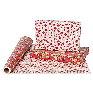 American Greetings Reversible Wrapping Paper, Happy Birthday Lettering and Stars (1 Jumbo Roll, 175 sq. ft.)