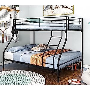 EMKK Twin Over Full Metal Bunk Bed Heavy Duty Bunk Beds Frame with Side Ladders Convertible Bunkbed with Safety Guard Rails, Metal Bunk Bed Frame, No Box Spring Needed