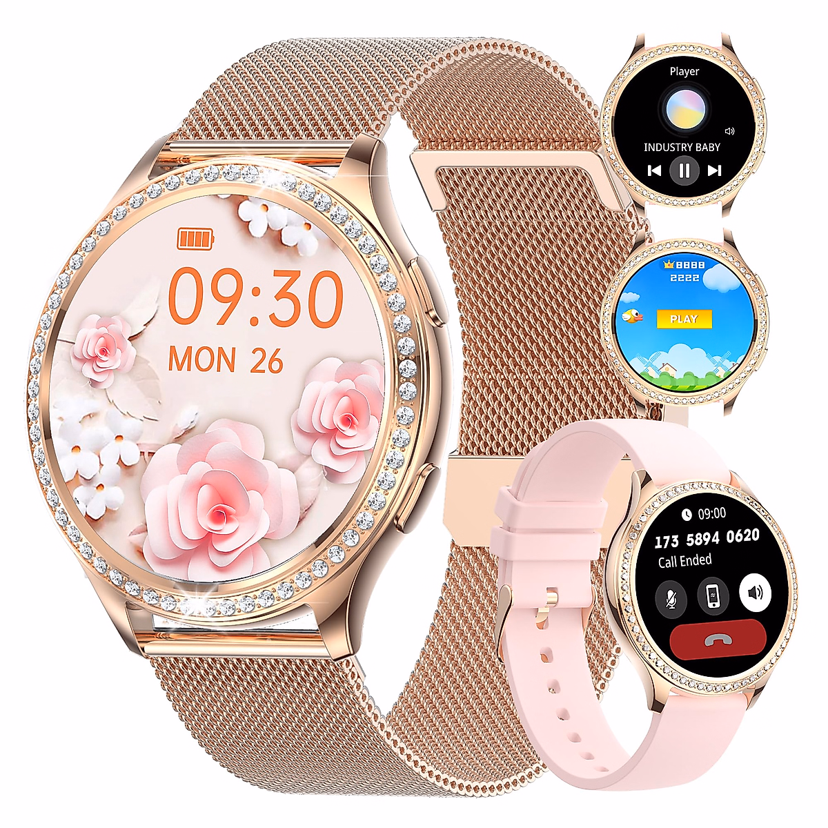 Dvtlfrj Fashion Diamond Smart Watch for Women 1.32" HD Touch Screen 100+ Sports Modes Fitness Tracker with Heart Rate iP67 Waterproof Smartwatch Compatible with Android iOS,53Rose Gold