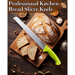 Cook N Home Bread Slicer Knife 10-Inch, Wavy Serrated High Carbon German Stainless Steel Sharp Kitchen Knife, Ergonomic Handle, Green
