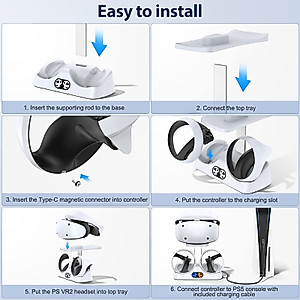 Controller Charging Dock for PS5 VR2, PSVR 2 Charging Station with VR Headset Holder Display Stand, PS VR2 Controller Charger for PSVR2 Accessories with Led Indicator, 2 Magnetic Clasp & Type-C Cable