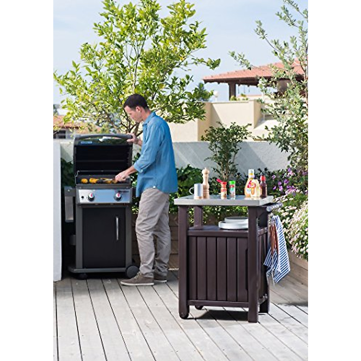 Keter Unity Portable Outdoor Table and Storage Cabinet with Hooks for Grill Accessories-Stainless Steel Top for Patio Kitchen Island or Bar Cart