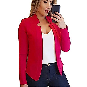 DIACACY Women Solid Color Notched Blazer Suit Open Front Loose Fit Blazer Jacket Cardigan red L