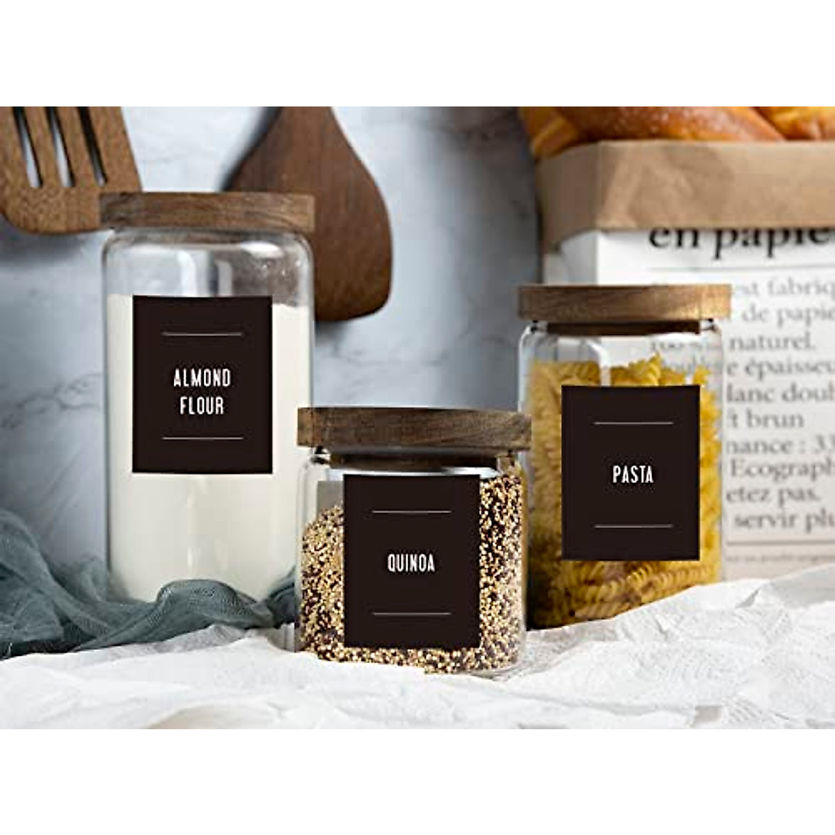 180 Preprinted Pantry Labels, Prefdo Waterproof Minimalist Food Label Stickers Set to Kitchen Organization Storage Containers, Jars & Canisters（Black）