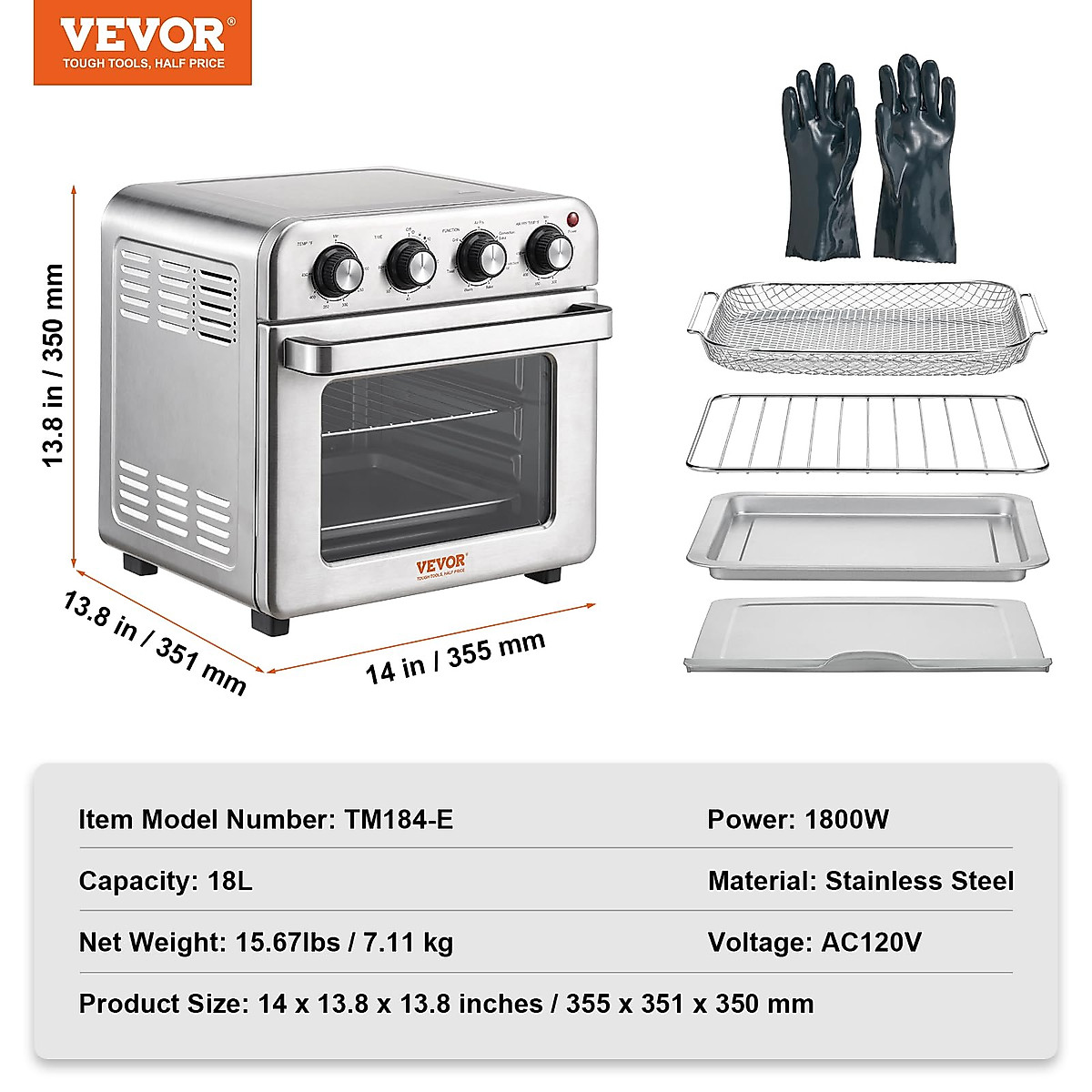 VEVOR 7-IN-1 Air Fryer Toaster Oven, 18L Convection Oven, 1800W Stainless Steel Toaster Ovens Countertop Combo with Grill, Pizza Pan, Gloves, 6 Slices Toast, 10-inch Pizza, Home and Commercial Use