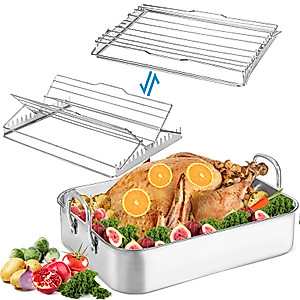 TOPZEA Stainless Steel Roasting Pan with Rack, 16 Inch Classic Rectangular Turkey Roaster Pan with 2 In 1 Grill Rack & Handle, Large Broiling Baking Pan Oven Cookware for Chicken, Steak, Meat, Lasagna