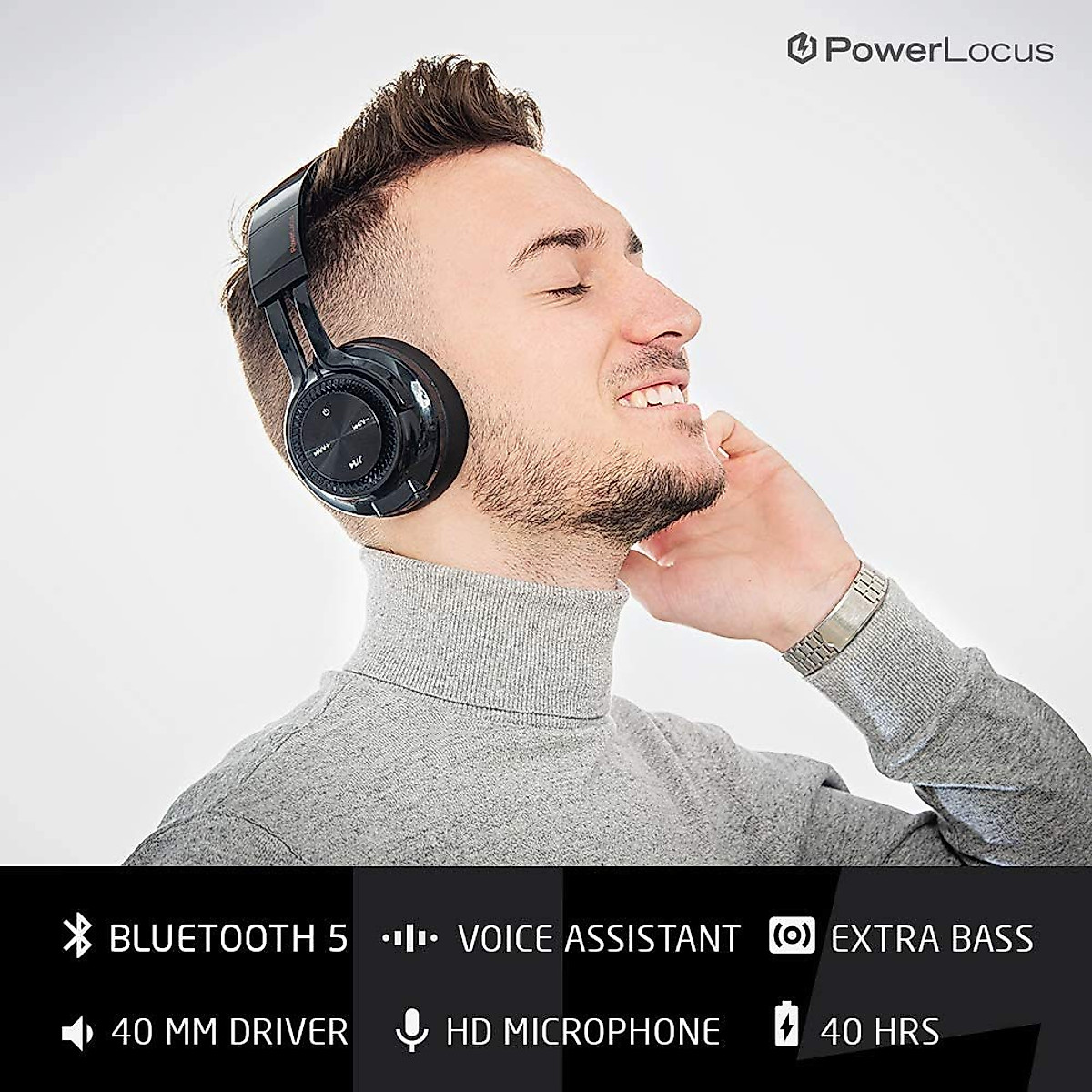 PowerLocus P3 Wireless Bluetooth Headphones Over-Ear, [40h Playtime, Bluetooth 5.0] Foldable Stereo Wireless/Wired Headphone Over Ear with Mic Deep Bass Headset for iOS/Android/Laptop/PC/TV - Black