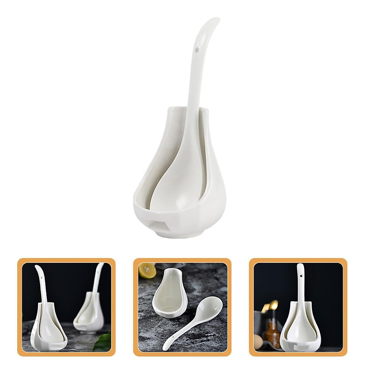 Luxshiny Hot Pot White Ceramic Soup Ladle with Rest Set Porcelain Big Ladle Spoon Asian Soup Tureen Spoon Flatware for Stews Gravy Sauce Soup Spoon Stand