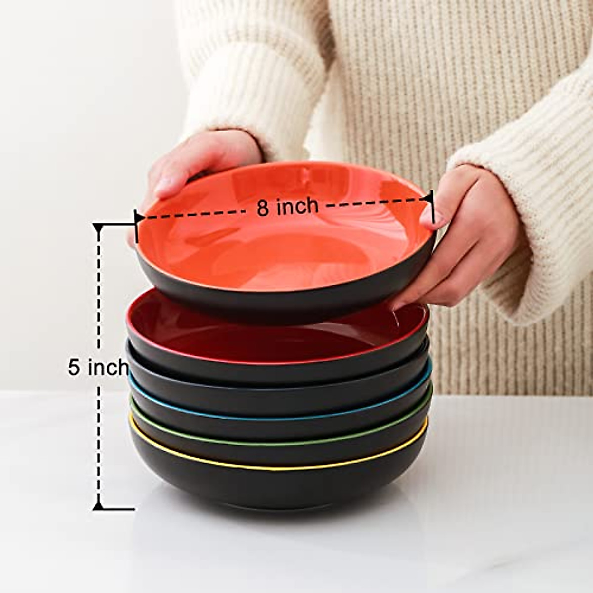 KitchenTour Ceramic Pasta Bowls - Large and Durable Serving Bowl Set 26 Ounce - Dishwasher and Microwave Safe - Set of 6, Deep blue, Multi-Color