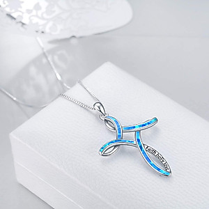 WINNICACA Opal Cross Necklace for Women 925 Sterling Silver Celtic Blue Fire Opal Cross Pendant Necklaces Faith Hope Love Christian Jewelry Gifts for Women Daughter Her Lover Birthday Gifts