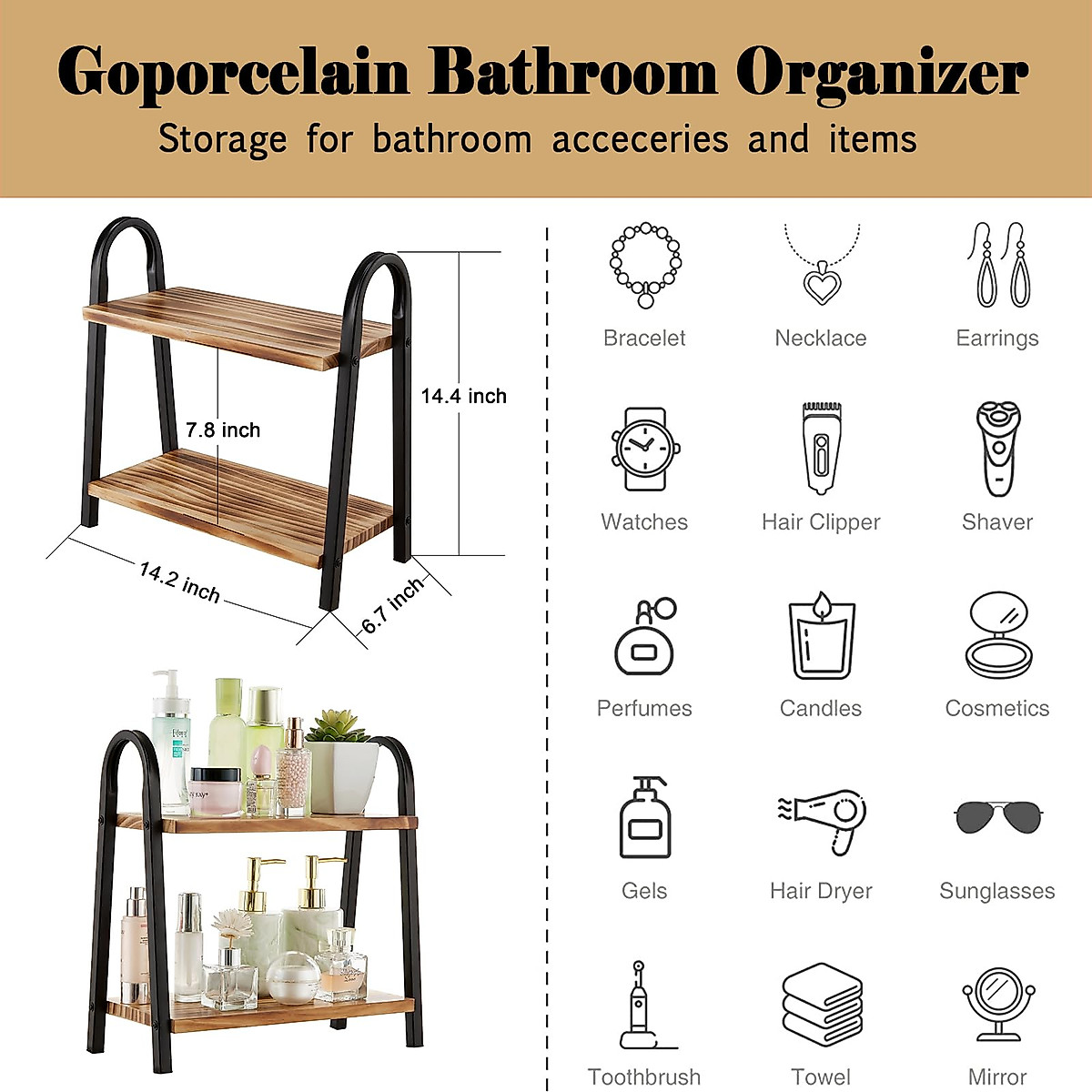 Goporcelain Bathroom Organizer, 2 Tier Wood Shelf, Countertop Organizer for Skincare, Kitchen Sink