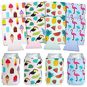 12-Pack Tropical Neoprene Can Cooler Sleeves for Beer, Soft Drinks, Water Bottles, Soda Covers for Bridal Shower, Bachelorette, Beach, Luau, Pool Parties, 4 Summer-Themed Designs (12 Oz)