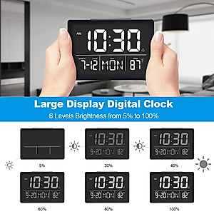 Amgico Digital Alarm Clock with Snooze, Small Clock/Table Clock, 6.3" LED Digital Calendar, 12/24H, Adjustable Brightness/Volume, Desk Clock for Bedroom, Living Room, Office - Black