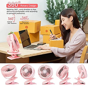 AOGELI Clip Fan,Mini Portable Fan with clip, Clip on Fan for Bed,3 Speeds Personal Fan,5000 mAh Rechargeable Battery Operated Fan, 360°Rotate Desk Fan for Home Office Travel Stroller Camping Pink