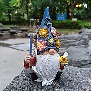 VIVICOMFY Resin Gnome Solar Rian Gauges,Resin Gnome Garden Statue with a Glass Rain Gauge,Hand Painted Gnome Sculpture Water Gauge for Garden Patio,Outdoor Solar Gnome Statue with Rain Gauge