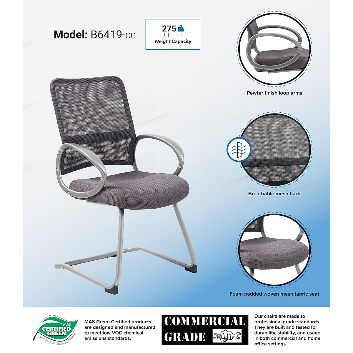 Boss Office Products Mesh Back Guest Chair with Pewter Finish in Charcoal Grey 24D x 24W x 39H in