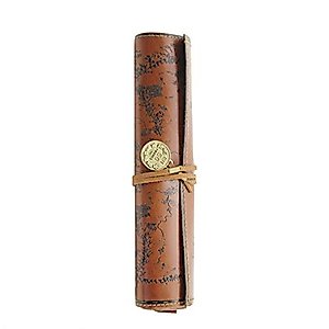 Canvas Leather Pencil Bag Roll,Vintage Treasure Map Pattern Pen Case Holder Organizer,Soft Wrap Bag Stationery Makeup Pouch Roll Up Style (Brown)