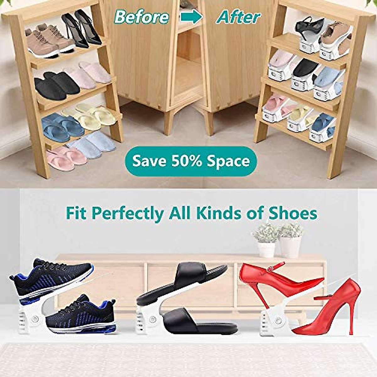 JGUSVYT Shoe Slots Organizer Under Stairs Storage, Adjustable Double Layer Stack Shoe Rack, 50% Space Saver for Closet Organization White