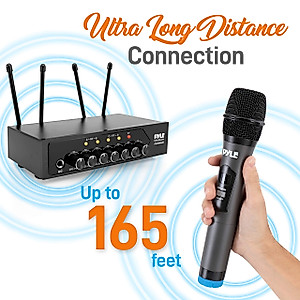 Pyle Portable UHF Wireless Microphone System - Battery Operated Four Bluetooth Cordless Microphone Set with 50 Channels Selectable Frequency, Receiver Base, AUX, PA Karaoke DJ Party - Pyle PDWM4120