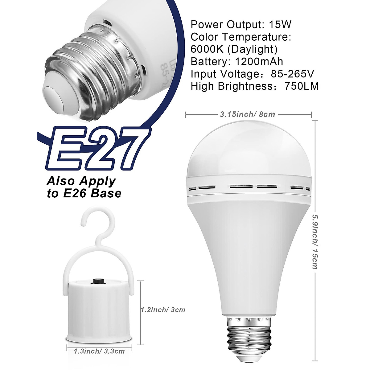 Mudder 12 Pcs 15W Rechargeable Emergency LED Bulb Battery Backup Emergency Light 1200mAh Battery Operated Light Bulb for Power Outage Home Outdoor Activity Camping Hurricane, 7000K Daylight, E27 Base