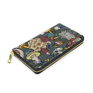 Leather Zipper Wallet Clutch Bag Mushroom Leaves Credit Card Holder Wallet Large Capacity Long Purse For Women men