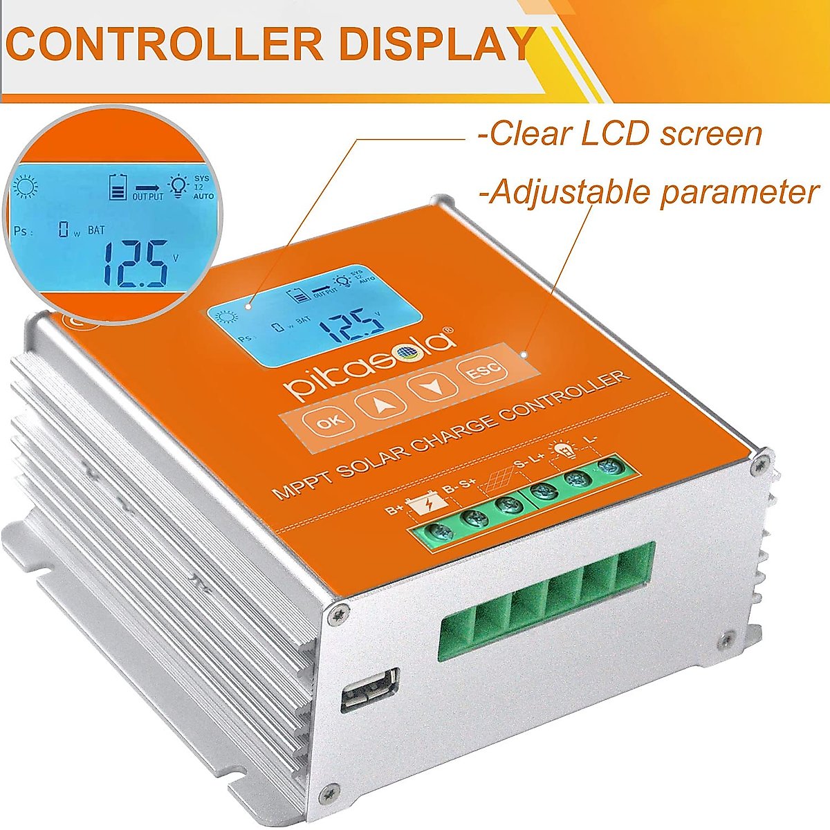Pikasola 40amp MPPT Solar Charge Controller, Auto 24V 12V Battery Regulator with LCD Display, Mppt Charge Controller for Solar Panels, Suit Lead-Acid & Lifepo4&Lithium Battery