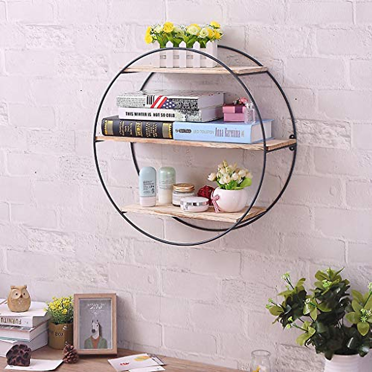 3-Layer Floating Shelves for Wall Rustic Wood Geometric Style Decor Shelf Wall-Mounted Storage Display Stand (Black,Brown, One Size)