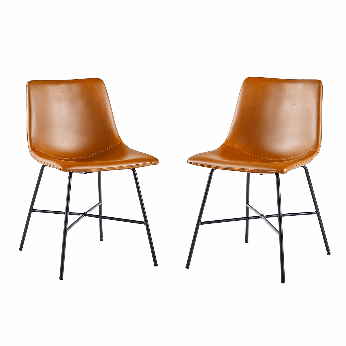 Walker Edison Mid-Century Modern Upholstered Dining Chair with Metal X Base, Set of 2, Whiskey Brown
