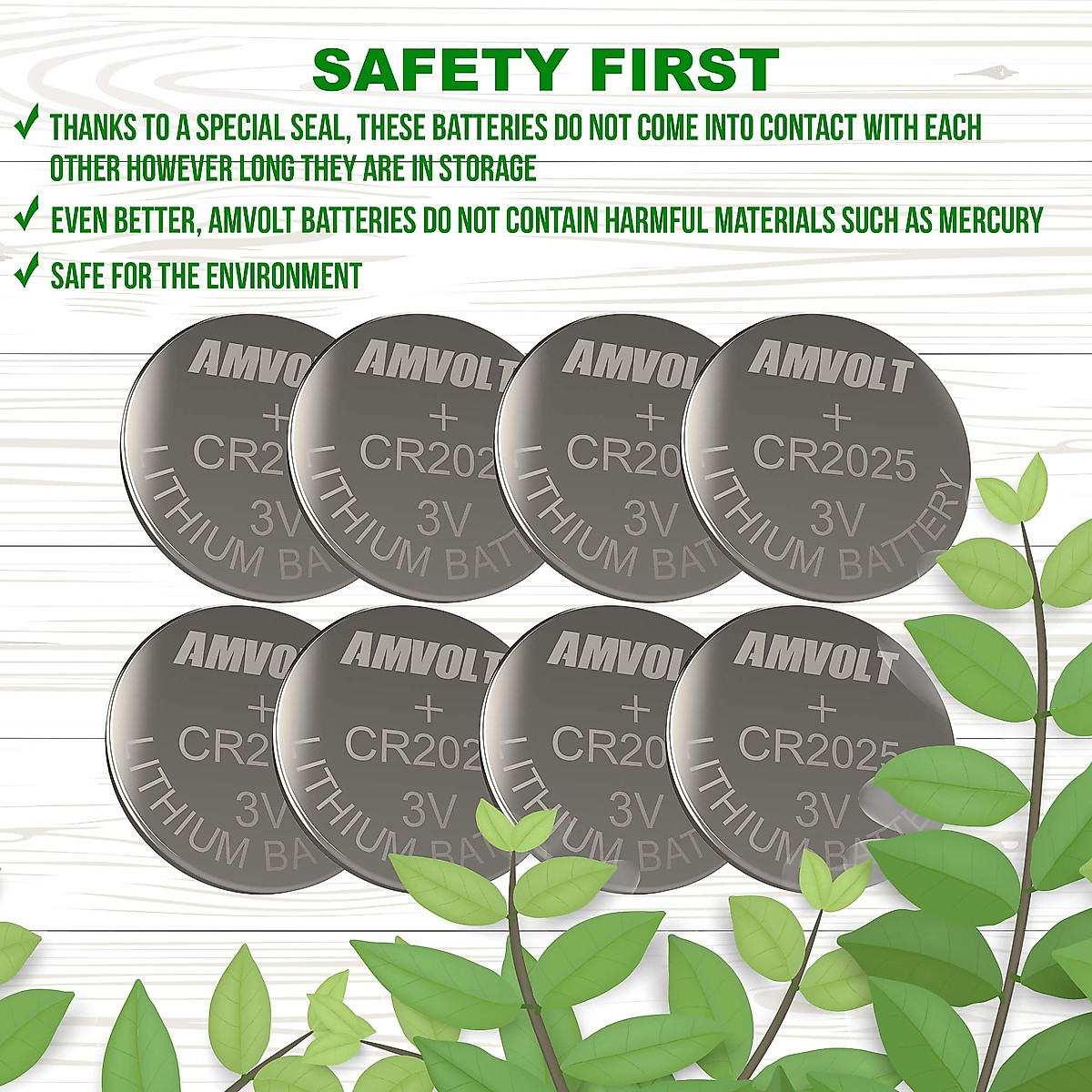 AmVolt- Pack of 8 CR2025 Batteries, 220mAh 3 Volt Lithium Battery, Long Lasting Coin Cell 2030 Batteries for Small Electronic Devices