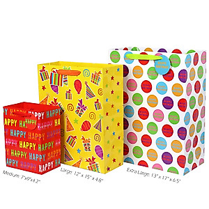 Fzopo Birthday Gift Bag Assortment with Ribbon Handle, 12 Pcs Premium Quality Assorted Sizes Paper Bags Set, XL 13x17x6.5, Large 12x15x4.8, Medium 7x9x4.2 inches, 6 Designs