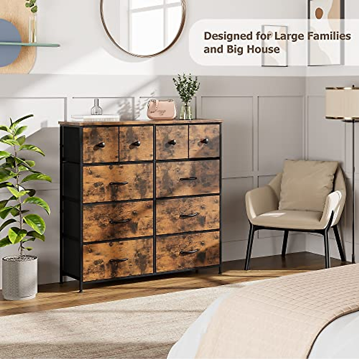 Nicehill Dresser for Bedroom with 10 Drawers, Storage Drawer Organizer, Tall Chest of Drawers for Closet, Living Room, Hallway, Entryway, Fabric Drawers (Rustic Brown)