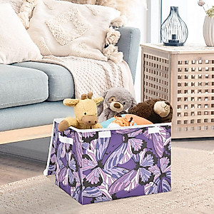 FOLIOSA Storage Boxes Butterflies Purple collapsible Flip-top locker Fabric Storage Bins with Handle for Home Bedroom Closet Office 16.5×12.6×11.8 in