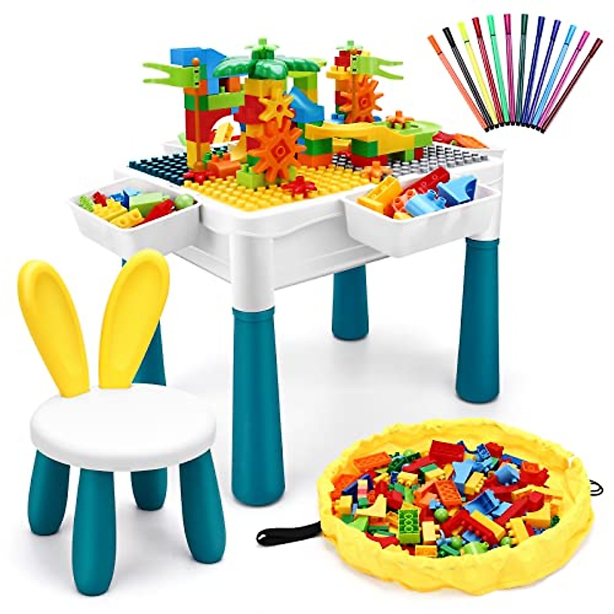 ROGALALY Kids Activity Table Set, All-in-One Multi Activity Table with Storage, 105pcs Building Blocks Table Compatible with Classic Bricks, Craft Learn Play Water Sand Table for Boys Girls