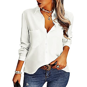 AISEW Womens Casual Button Down Shirts V Neck Chiffon Long Sleeve Collared Office Work Blouses Tops with Pocket (White, Medium)