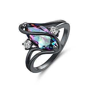18K Black Gold Plated Rainbow CZ Marquise Promise Rings for Women Cocktail Eternity Band Party Birthday Gifts Fashion Jewelry(9)