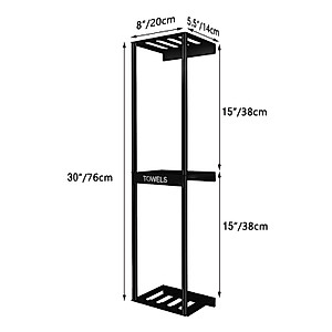 Bathroom Towel Storage Rack, Wall Towel Rack for Rolled Towels, 3 Tier Towel Holder Shelf with 4 Hooks for Small Bathroom, Matte Black