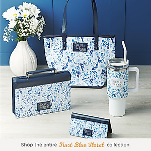 Christian Art Gifts Extra Large Double Wall Stainless Steel Insulated Travel Tumbler for Women: Trust in the Lord Uplifting Scripture, Twist Dial Lid, Reusable Straw & Tip, White & Blue Floral, 40 oz