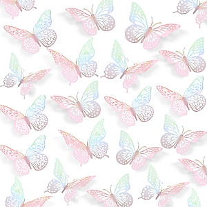 SAOROPEB 3D Butterfly Wall Decor 48 Pcs 4 Styles 3 Sizes-Butterfly Birthday Decorations&Butterfly Party Decorations&Butterfly Cake Decorations-Removable Pink Butterfly Decorations (Laser Pink)